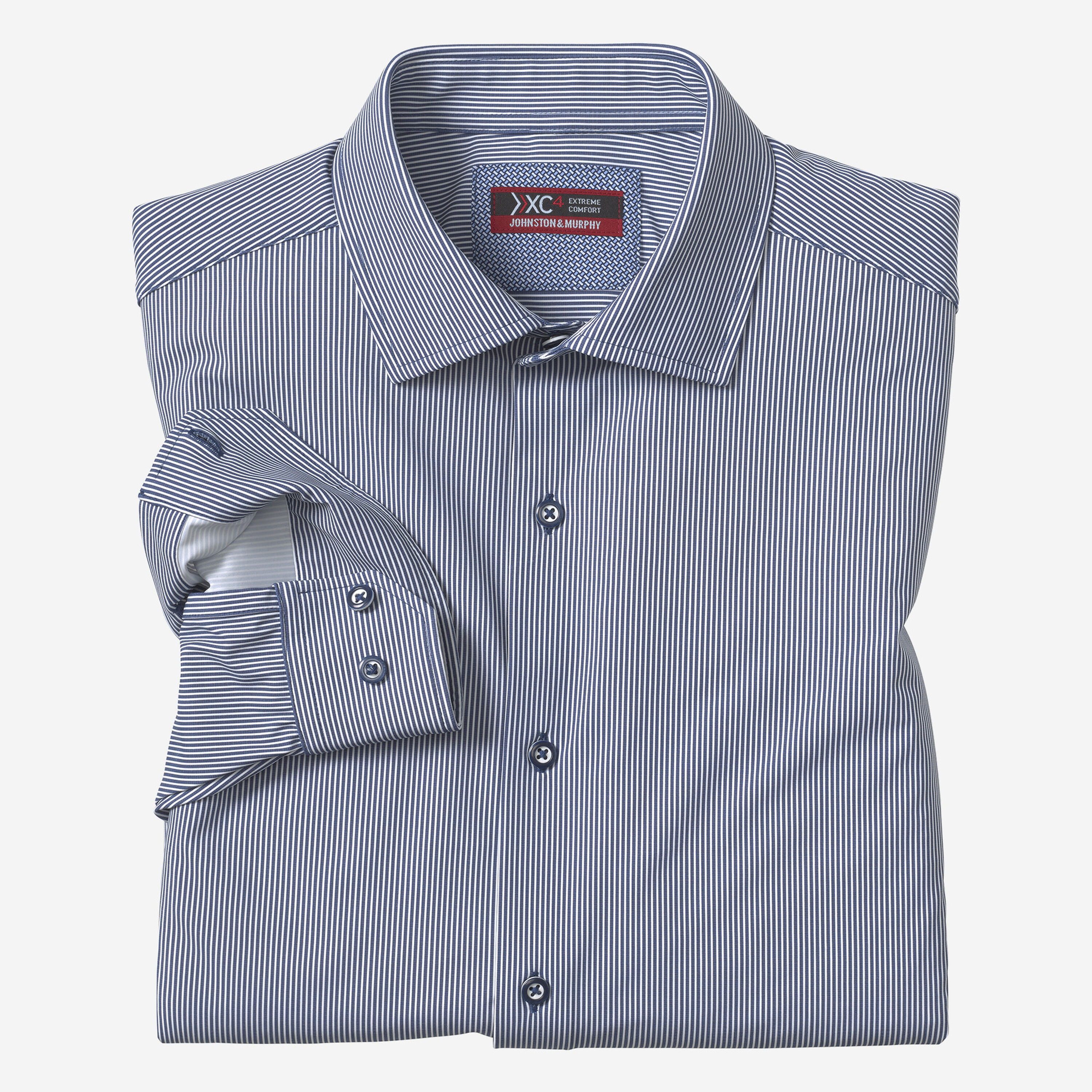 Men's XC+™ Motion Long-Sleeve Dress Knit Shirt in Navy Fine Stripe ...