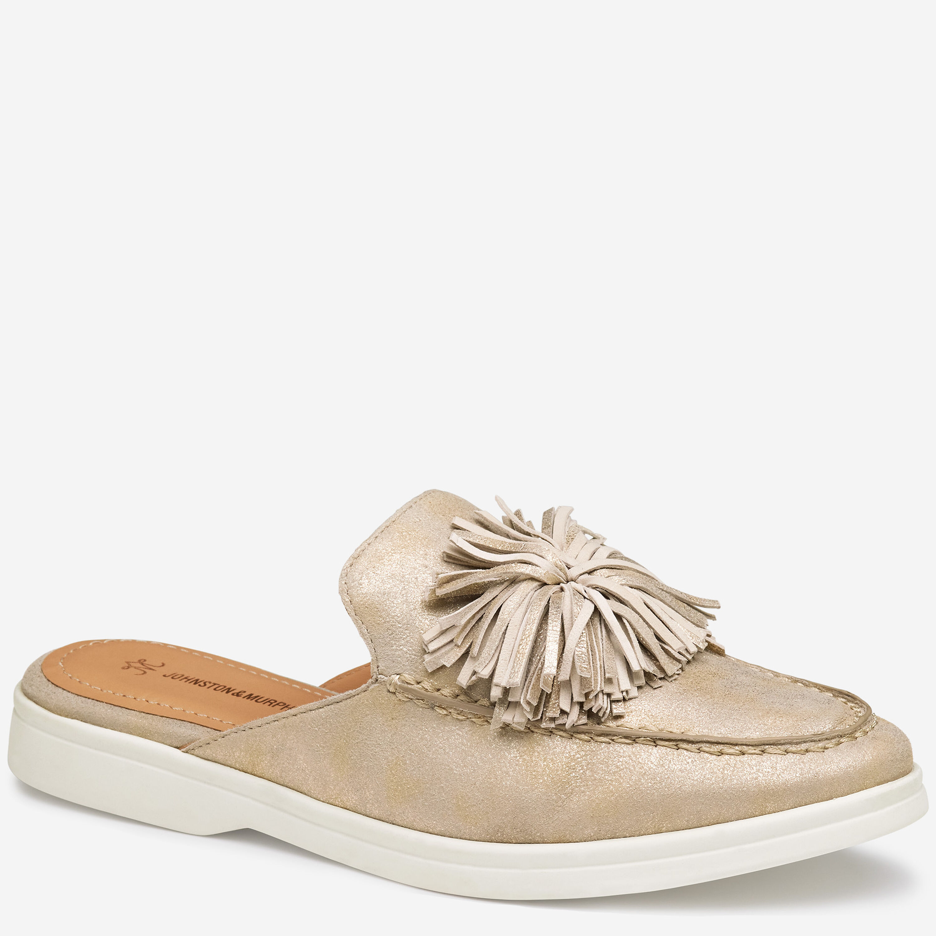 Women's Darlene Fringed Mule in Gold Metallic Kid Suede | Johnston & Murphy