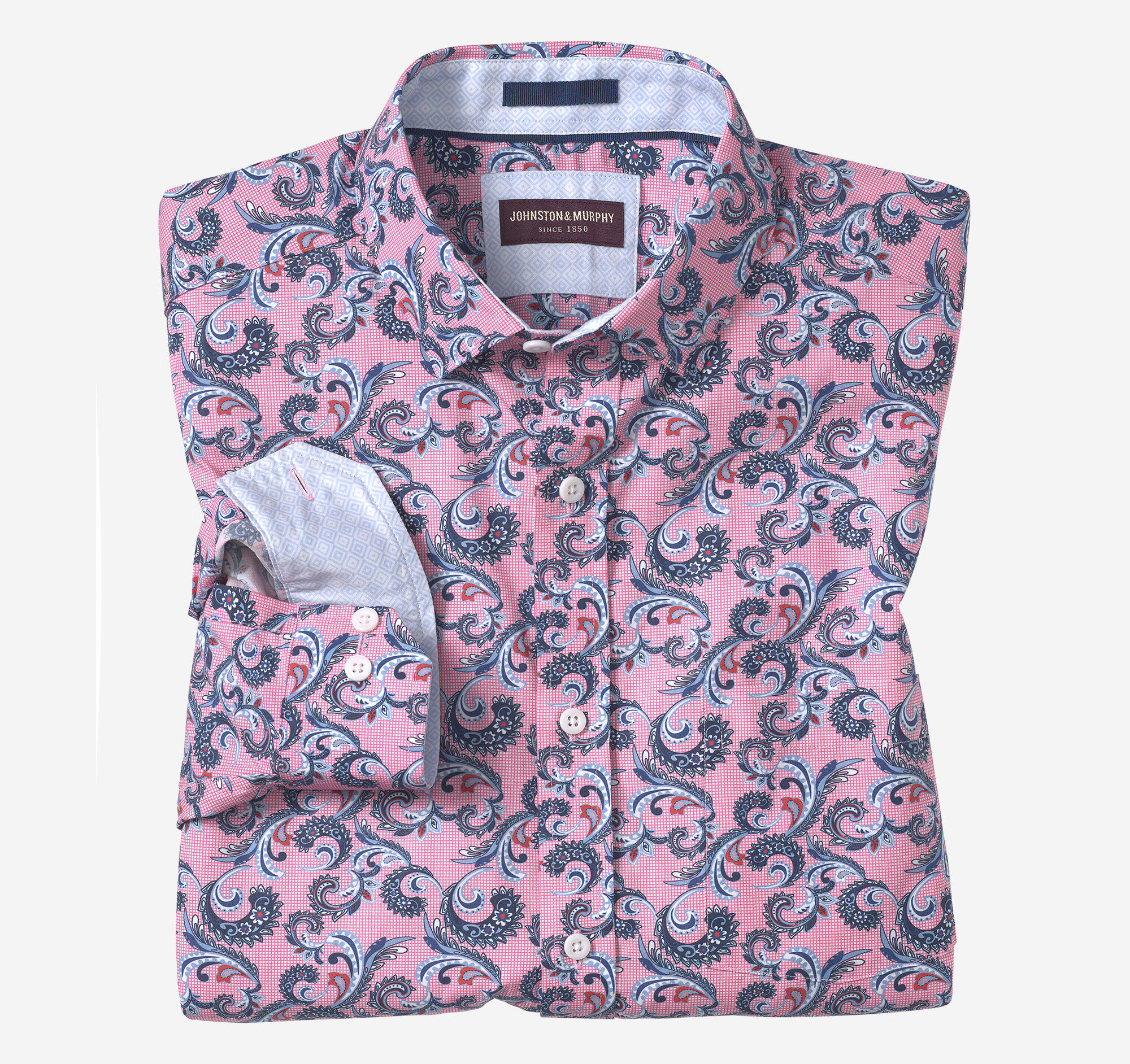 Men's Printed Cotton Shirt in Pink Checkered Paisley | Johnston