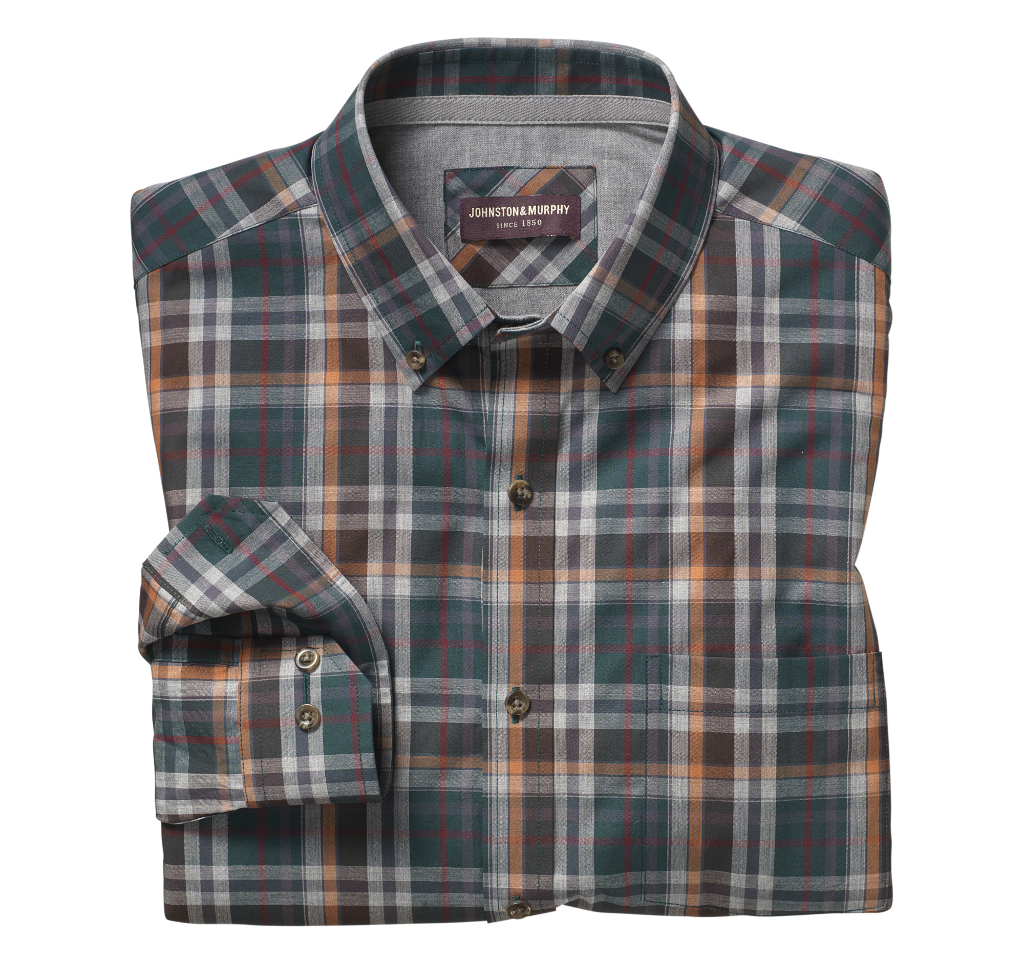Men's Large Heather Plaid Shirt in Green/Brown | Johnston & Murphy