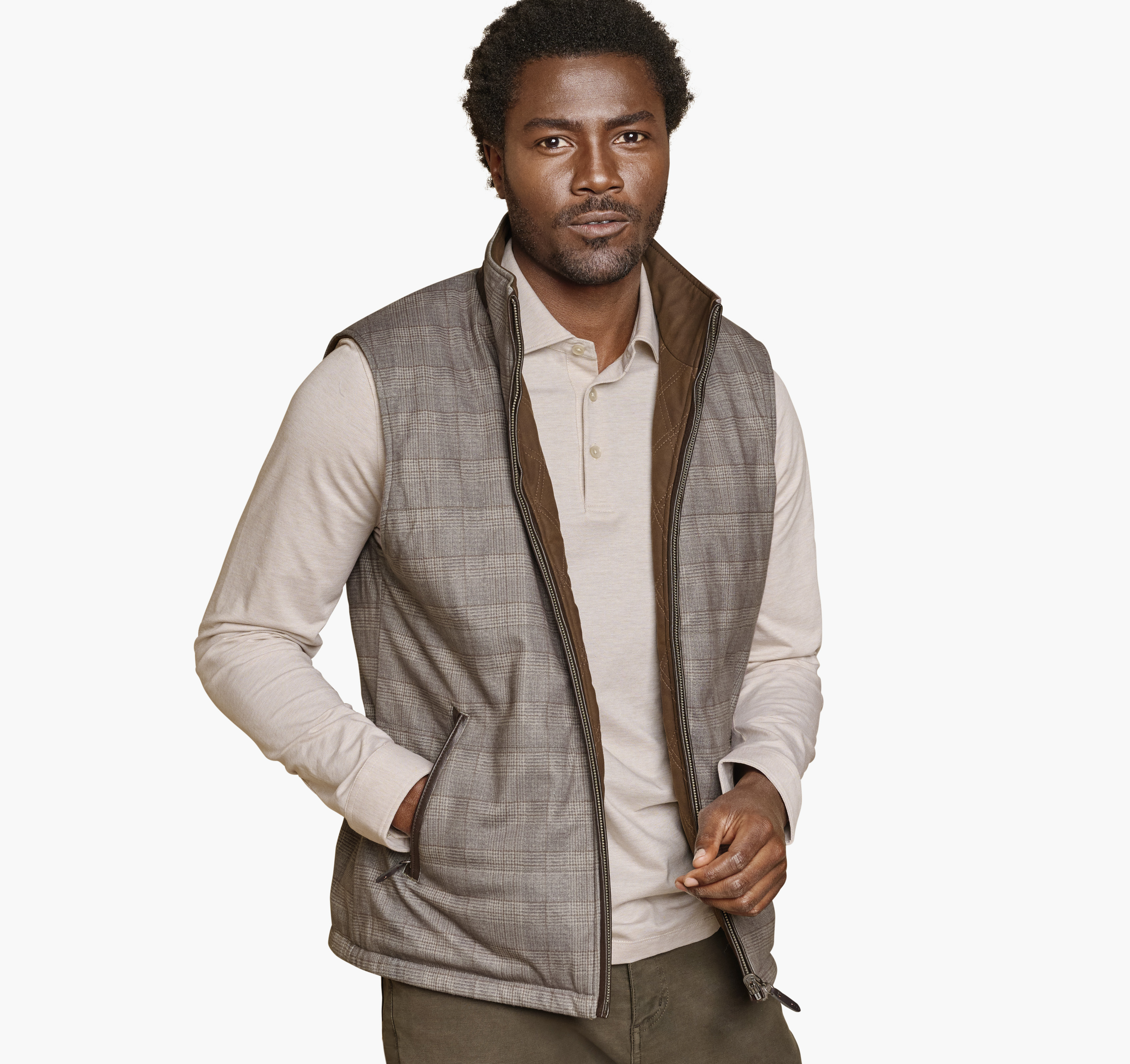 Men's Upton Reversible Vest in Light Brown/Brown Plaid | Johnston & Murphy