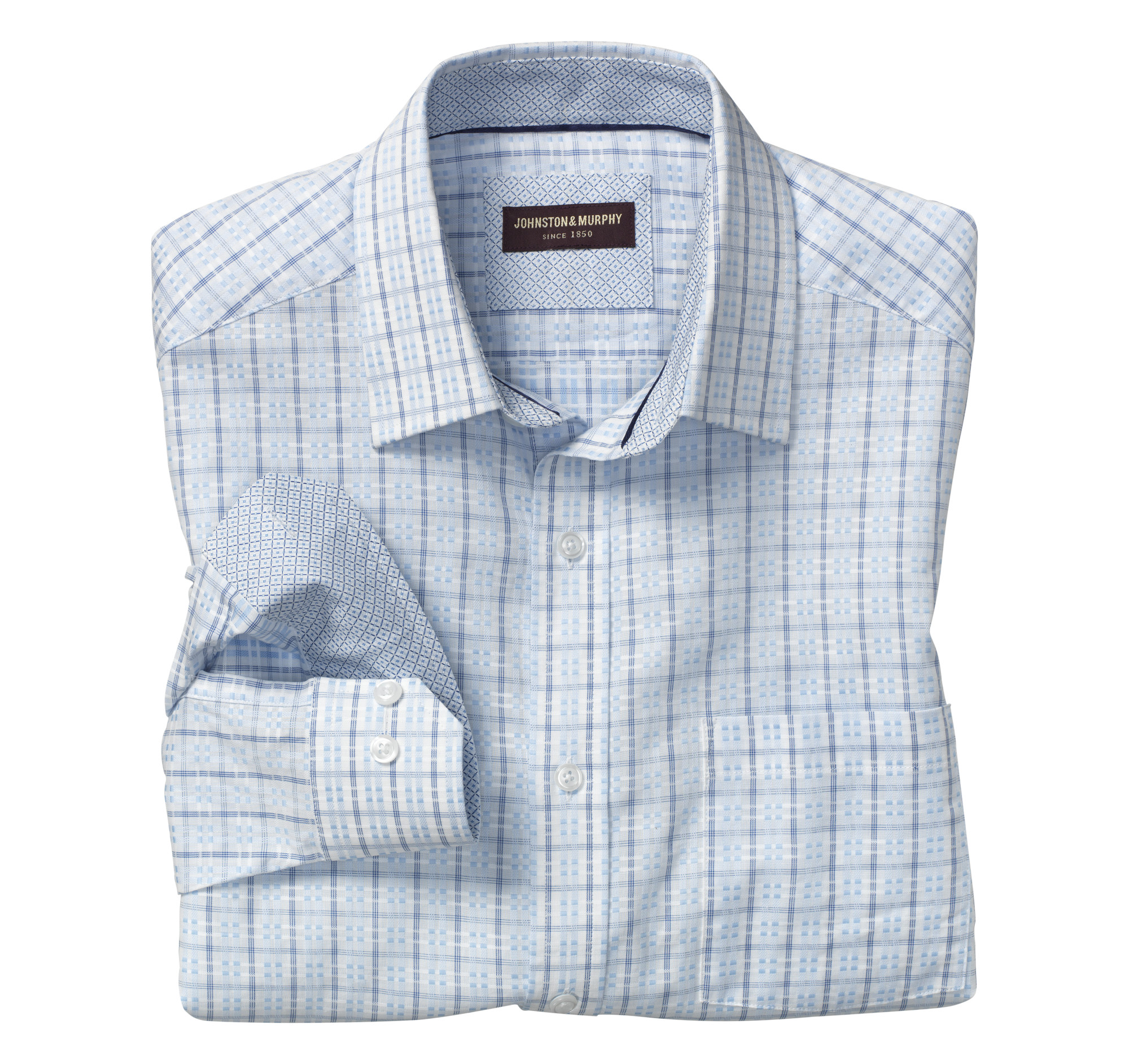 Men's Overlock Windowpane Shirt in White/Blue | Johnston & Murphy